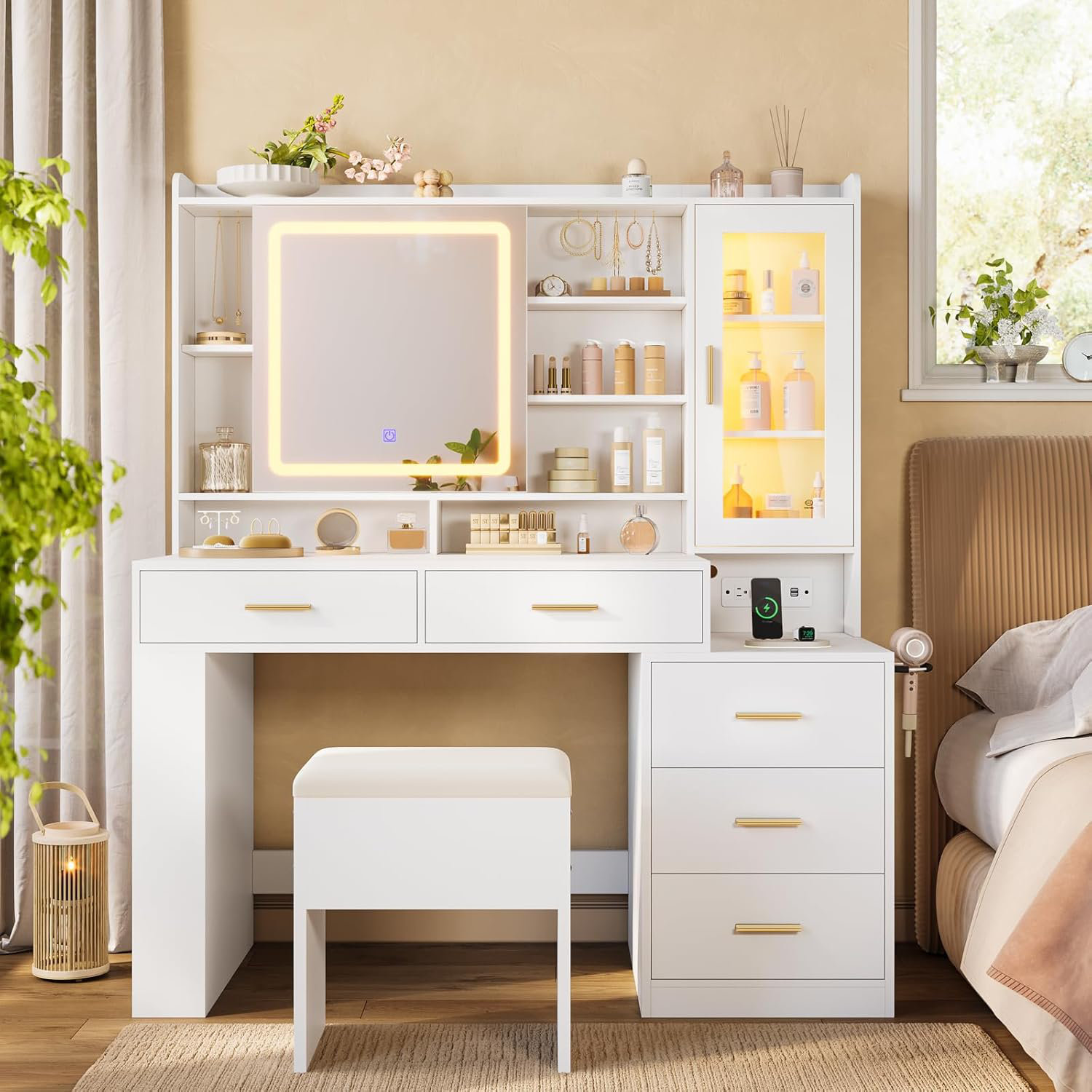 Ivy Bronx Makeup Vanity Desk With Sliding Led Lighted Mirror & Rgb Glass Cabinet, 47.2" Large ...